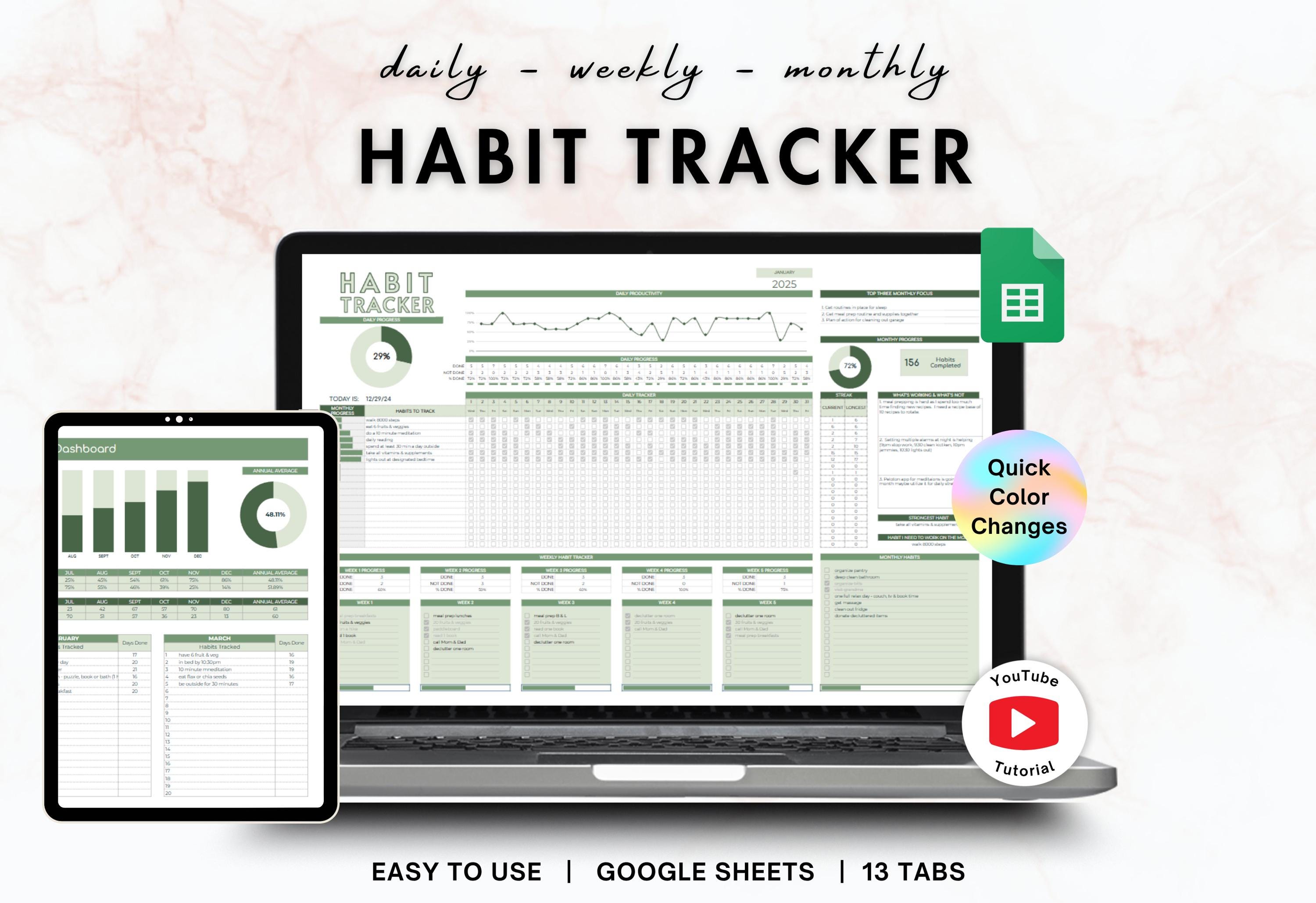 Google Sheets Habit Tracker | Daily Planner, Goal Tracker, Productivity ...