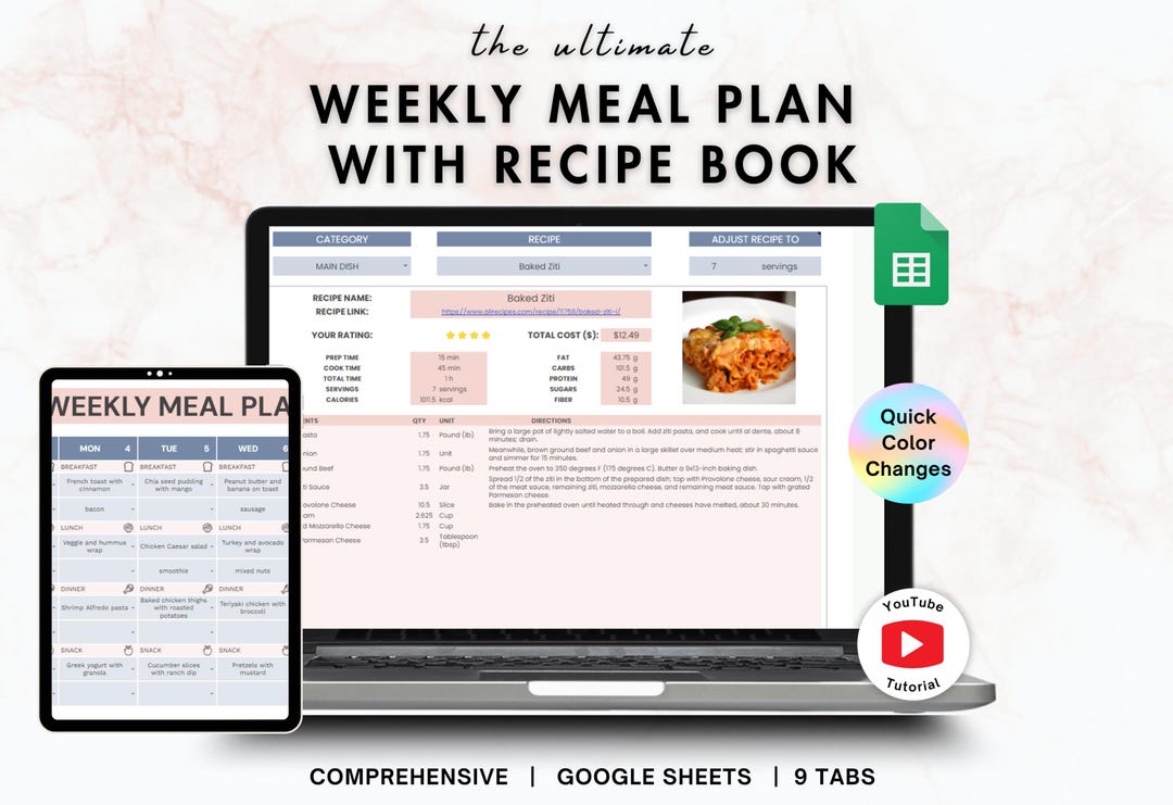 Weekly Meal Plan Spreadsheet for Google Sheets With Recipe Cards ...