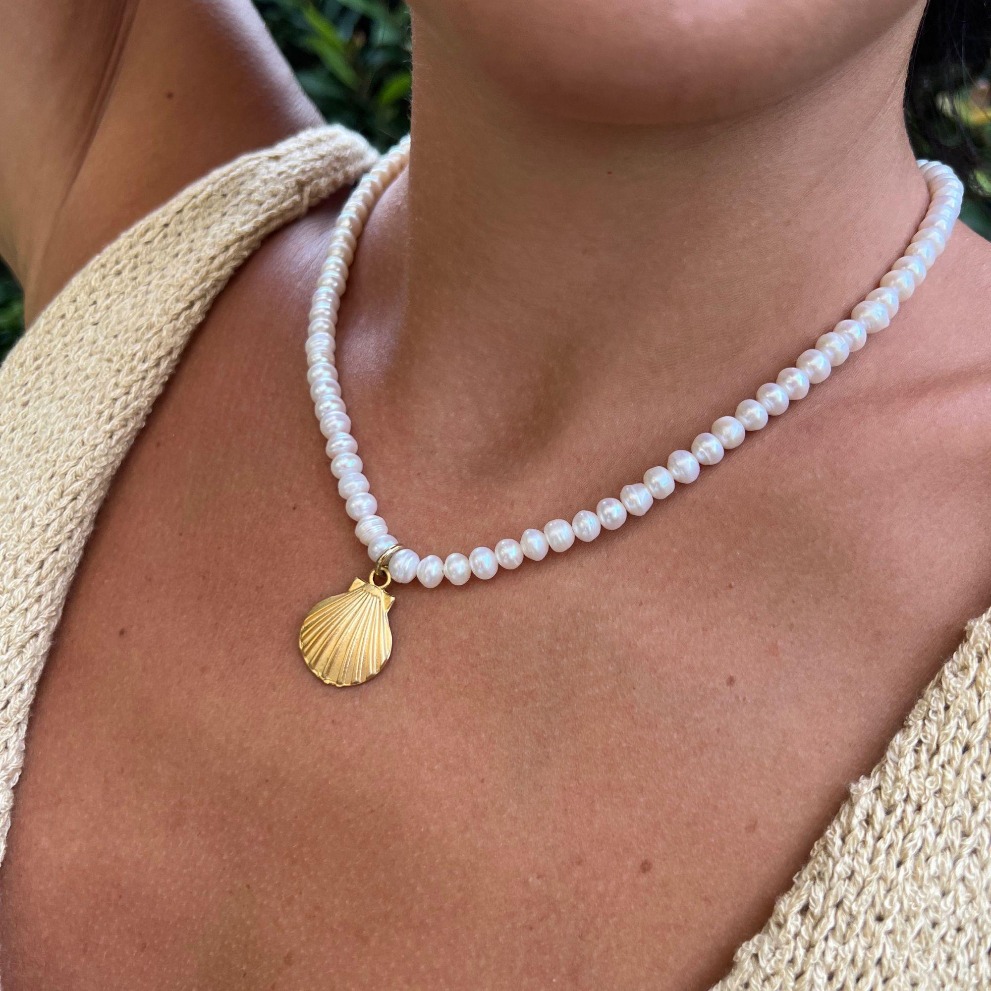 Pearl With Shell Necklace, Real Fresh Water Pearl Necklace, Vintage ...