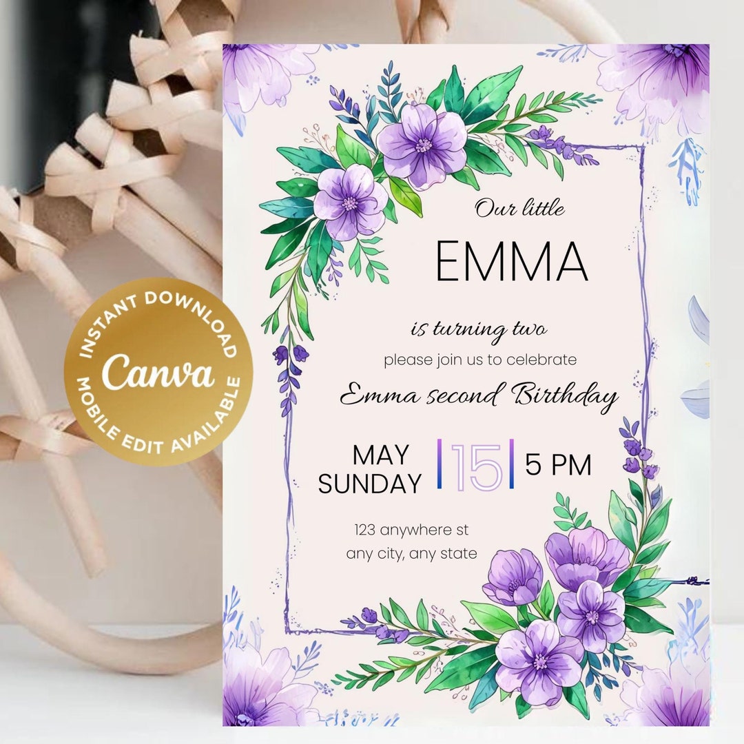 Floral Birthday Party Invitation Template - Editable Girl's Flower ...