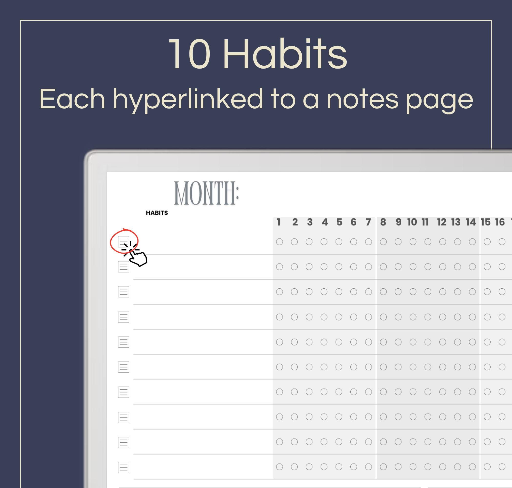 Hyperlinked Habit Tracker for Remarkable Paper Pro: 10 Habits + Notes ...