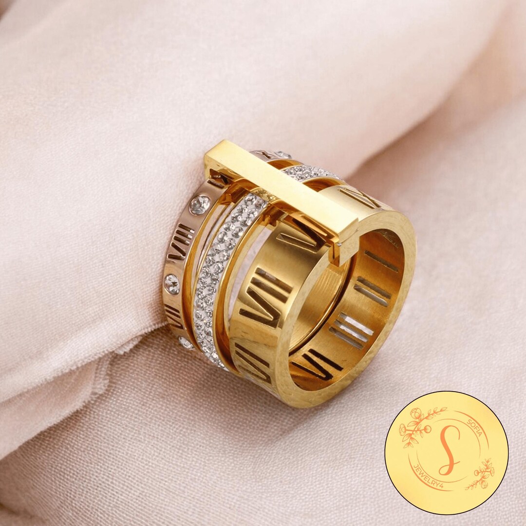 Three Layers Roman Numerals Ring, Rotatable Crystal Finger Rings, Date Ring Numeral Jewelry ...