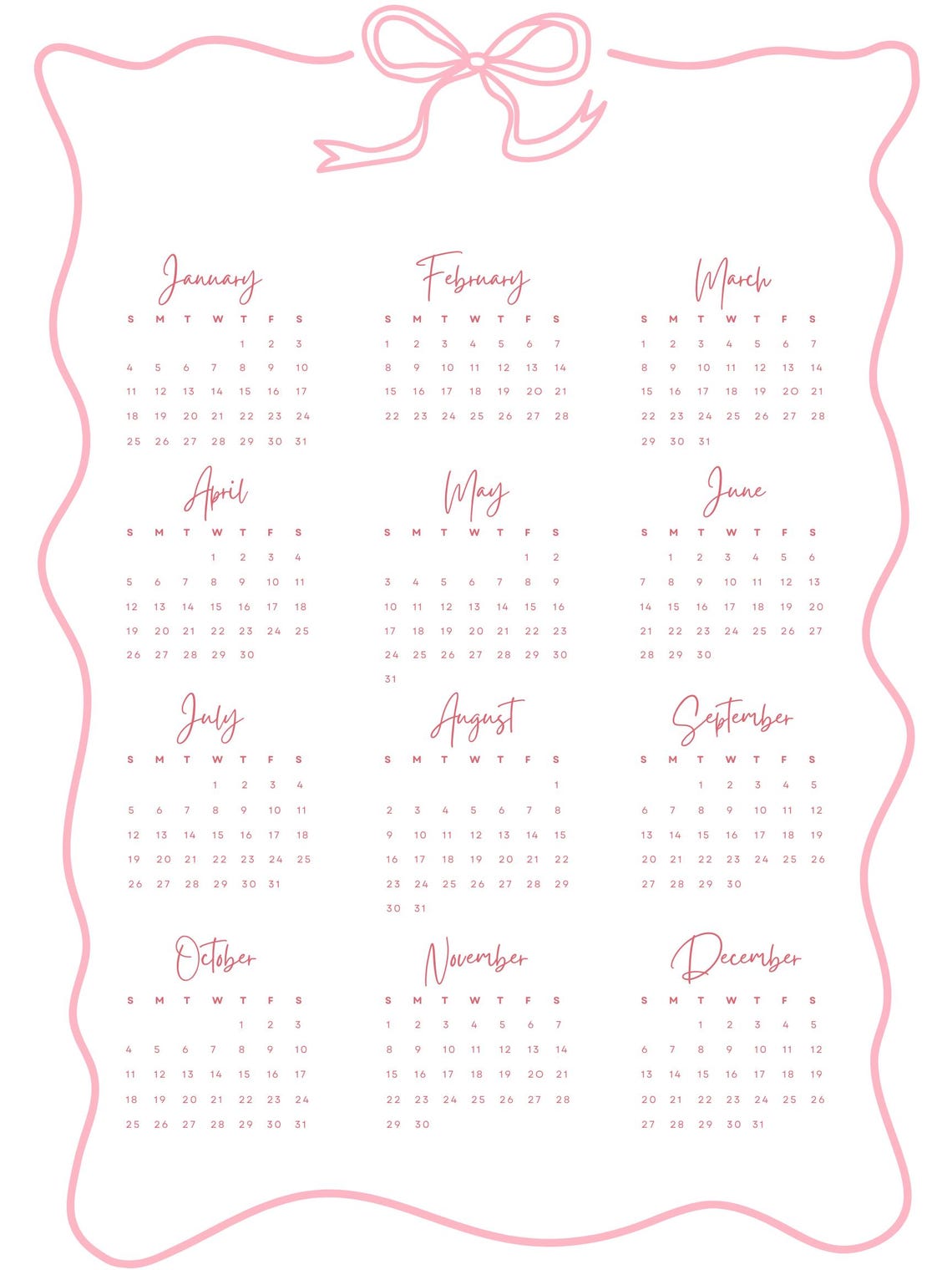 2026 Bow Calendar - Etsy