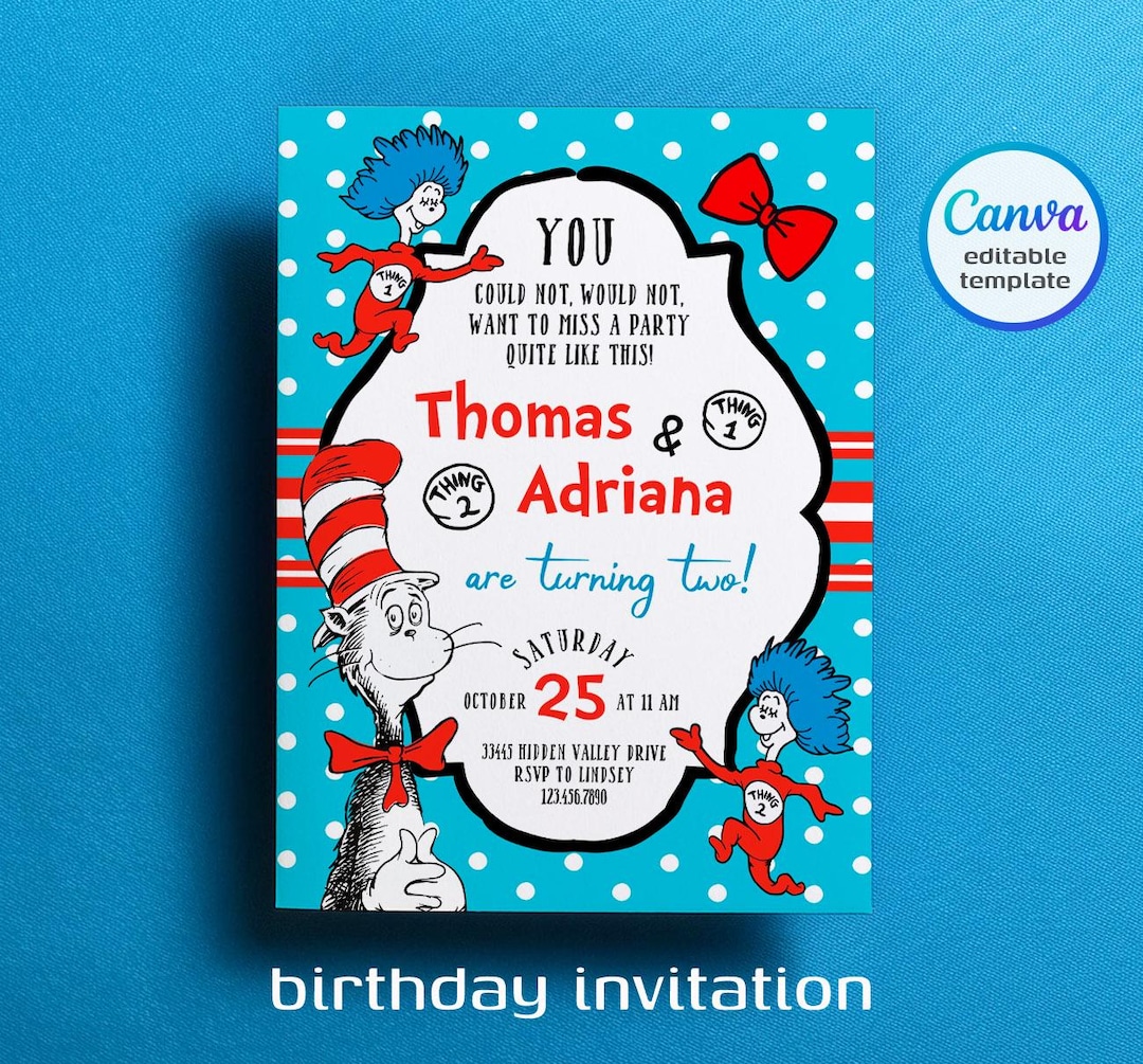 Dr Seuss Birthday Invitation, Printable Fairytale Invite, Editable Cat ...