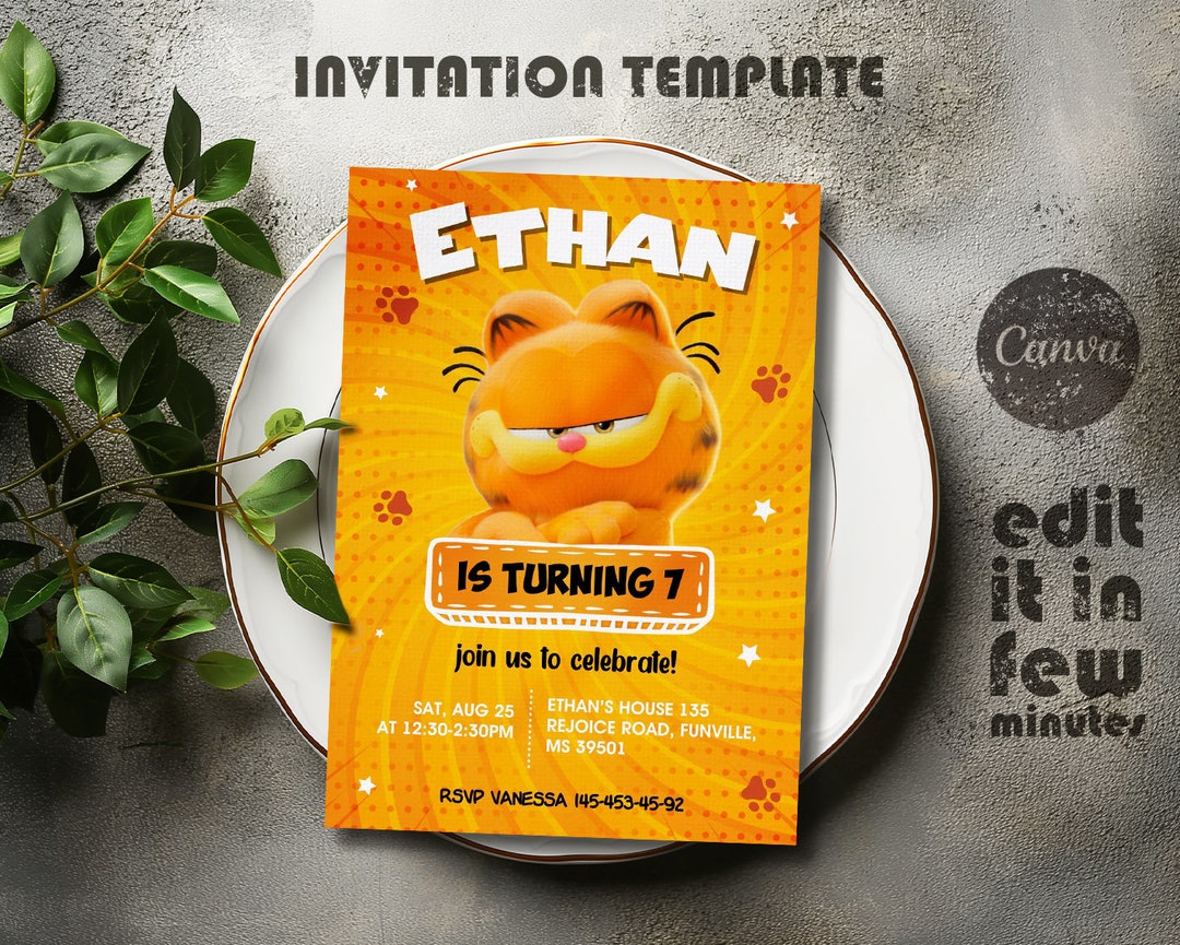 Printable Garfield Movie Birthday Party Invitation, Editable Garfield ...