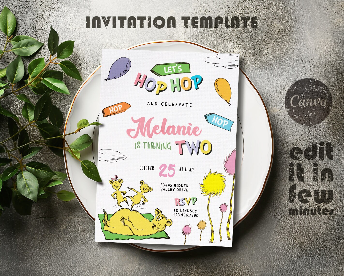 Dr Seuss Birthday Invitation, Printable Fairytale Invite, Editable Cat ...