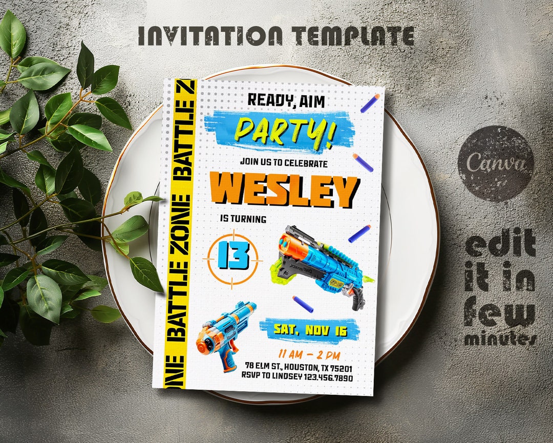 Dart Gun Party, Dart Wars Birthday Invitation, Editable Nerf Invite ...