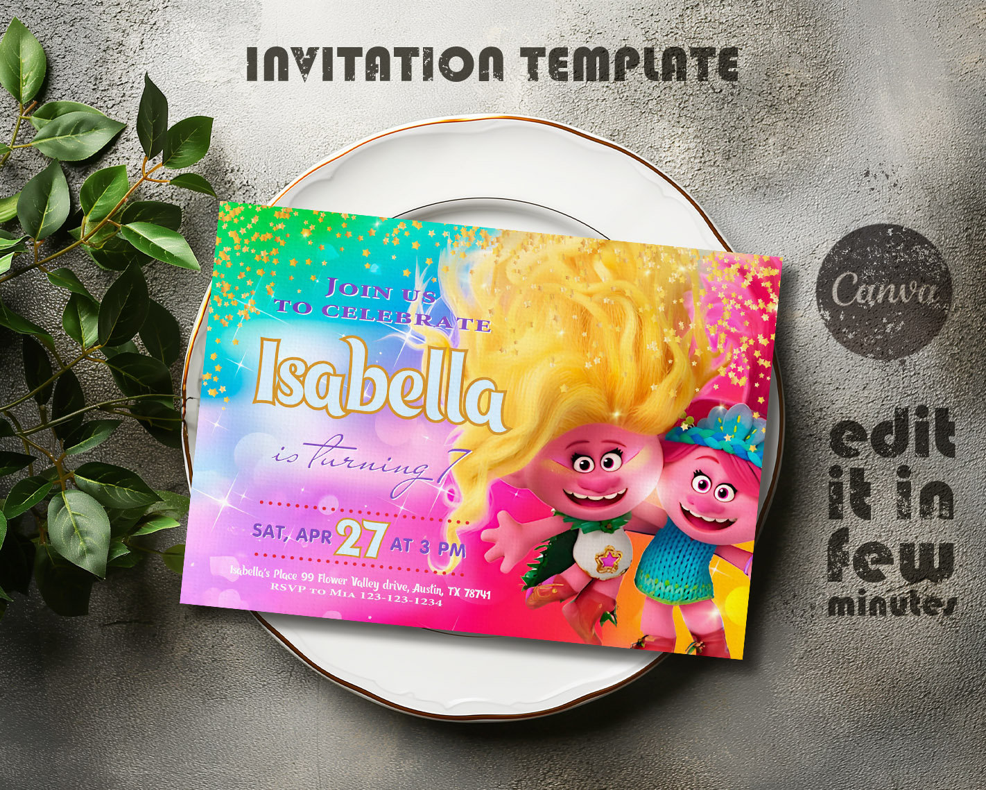 Editable Trolls Invite, Printable Birthday Invitation, Girl Birthday ...