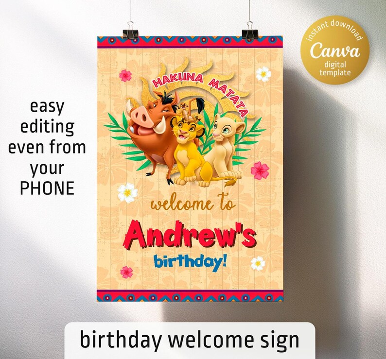 Simba Printable Welcome Sign Template, Lion King Birthday Party Welcome ...