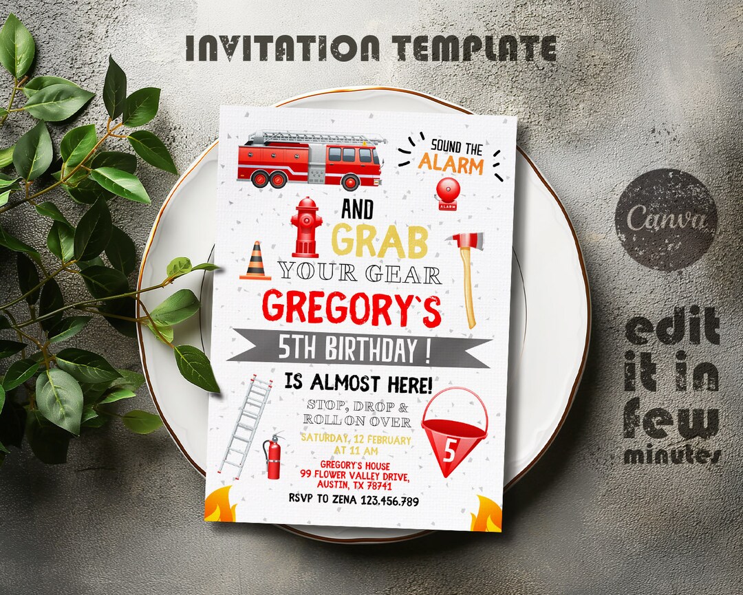 Firetruck Birthday Invitation, Fire Truck Printable Invite, Fireman ...