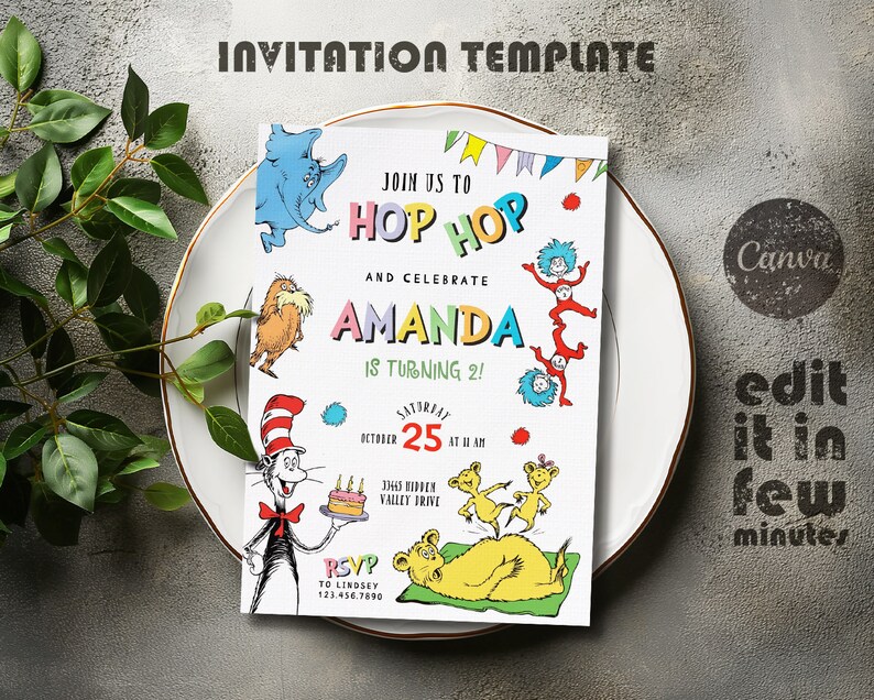 Dr Seuss Birthday Invitation, Printable Fairytale Invite, Editable Cat ...