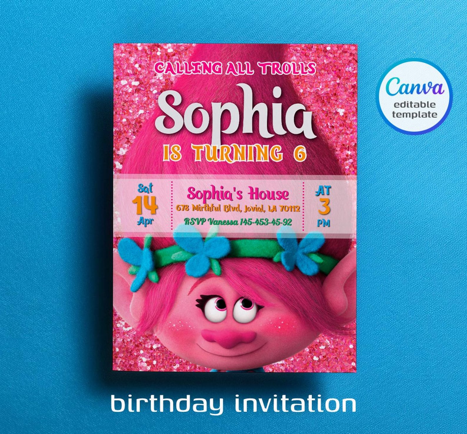 Editable Trolls Invite, Printable Birthday Invitation, Girl Birthday ...