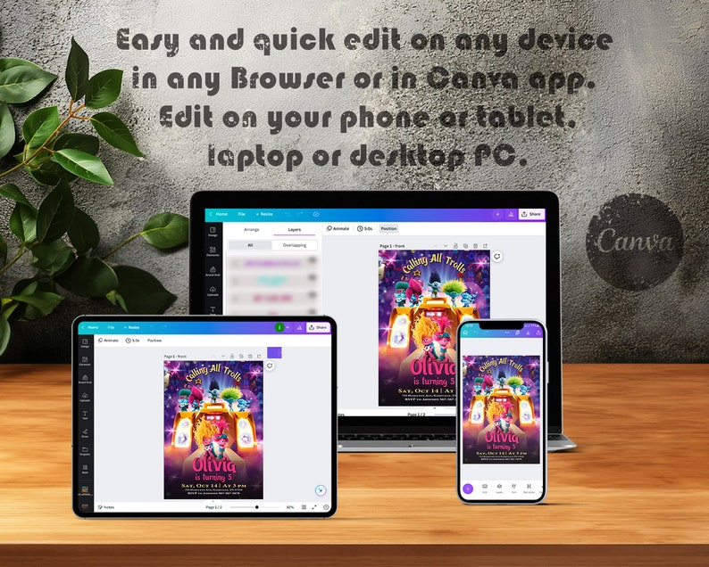 Editable Trolls Invite, Printable Birthday Invitation, Girl Birthday ...