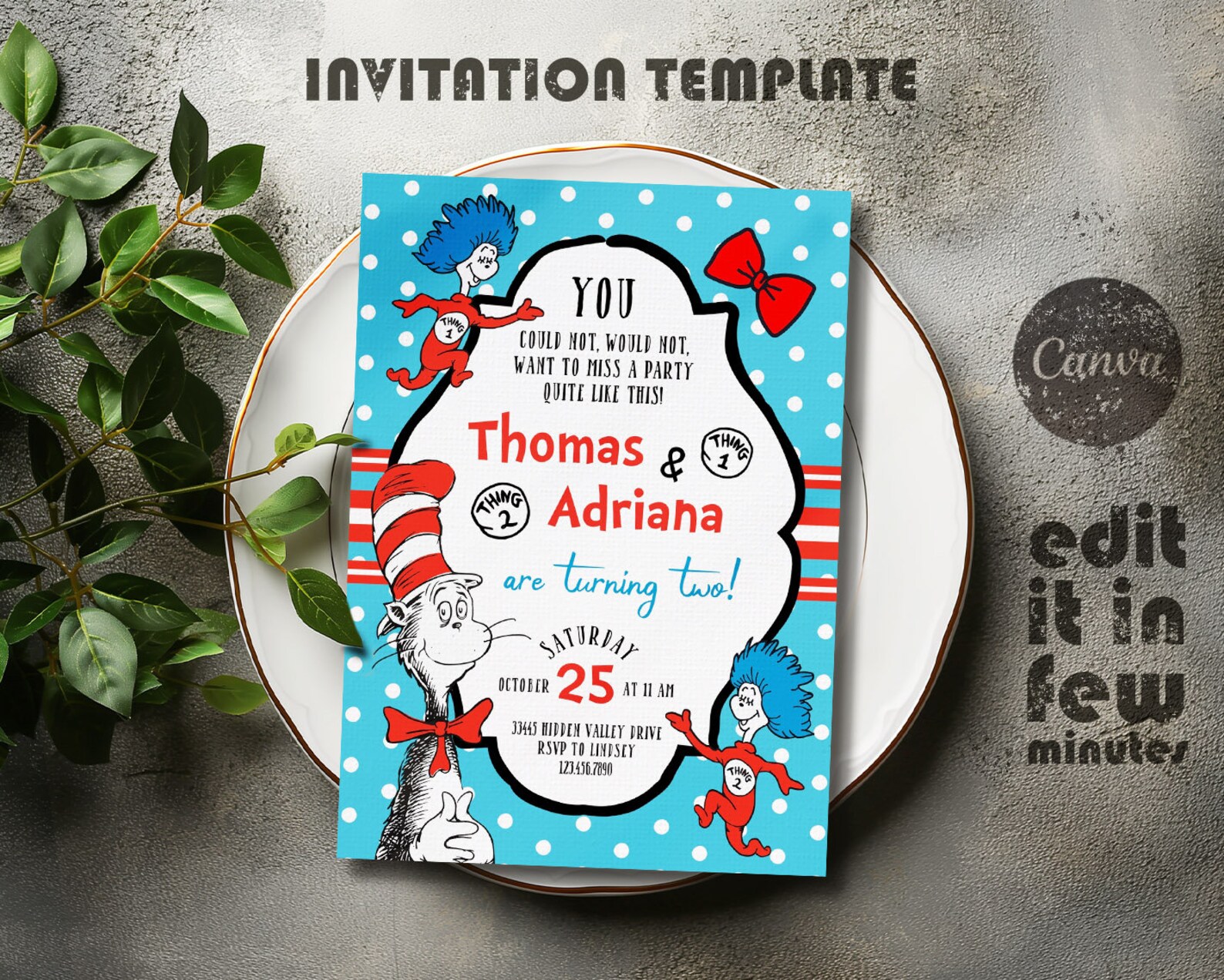 Dr Seuss Birthday Invitation, Printable Fairytale Invite, Editable Cat ...