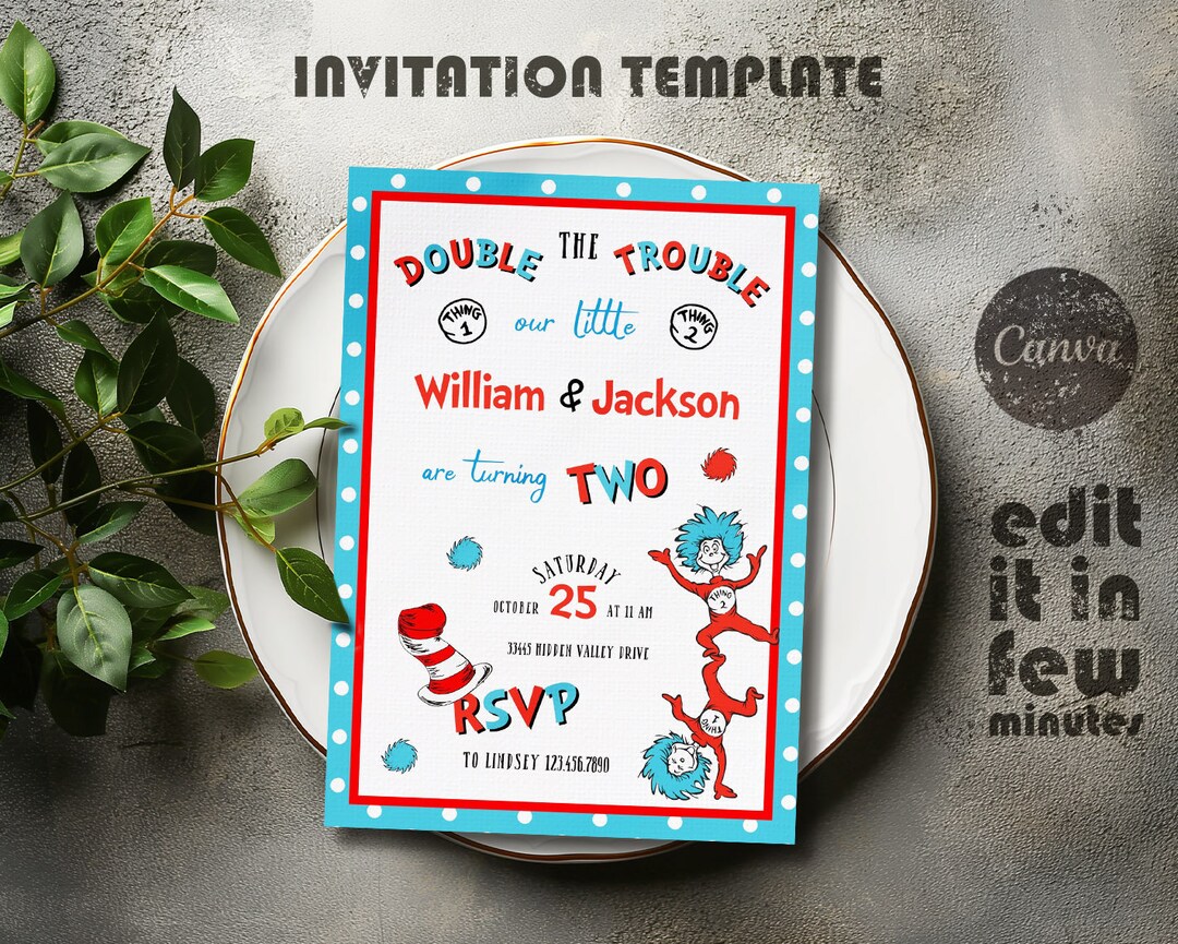 Dr Seuss Birthday Invitation, Printable Fairytale Invite, Editable Cat ...
