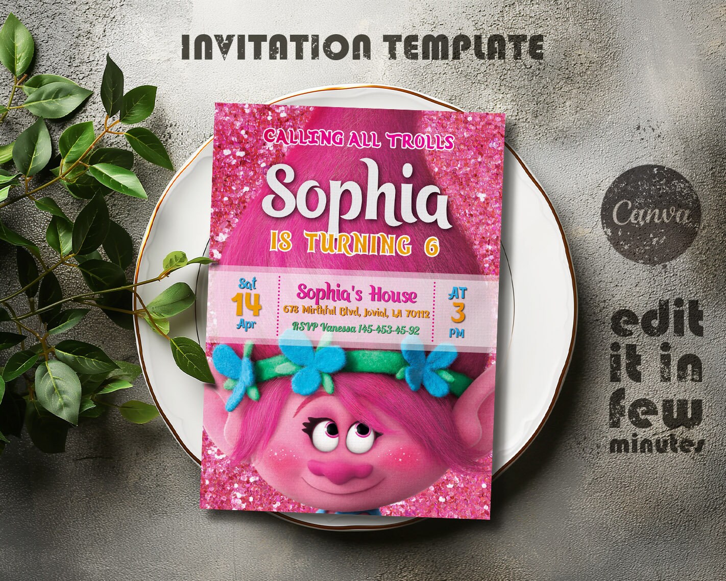 Editable Trolls Invite, Printable Birthday Invitation, Girl Birthday ...