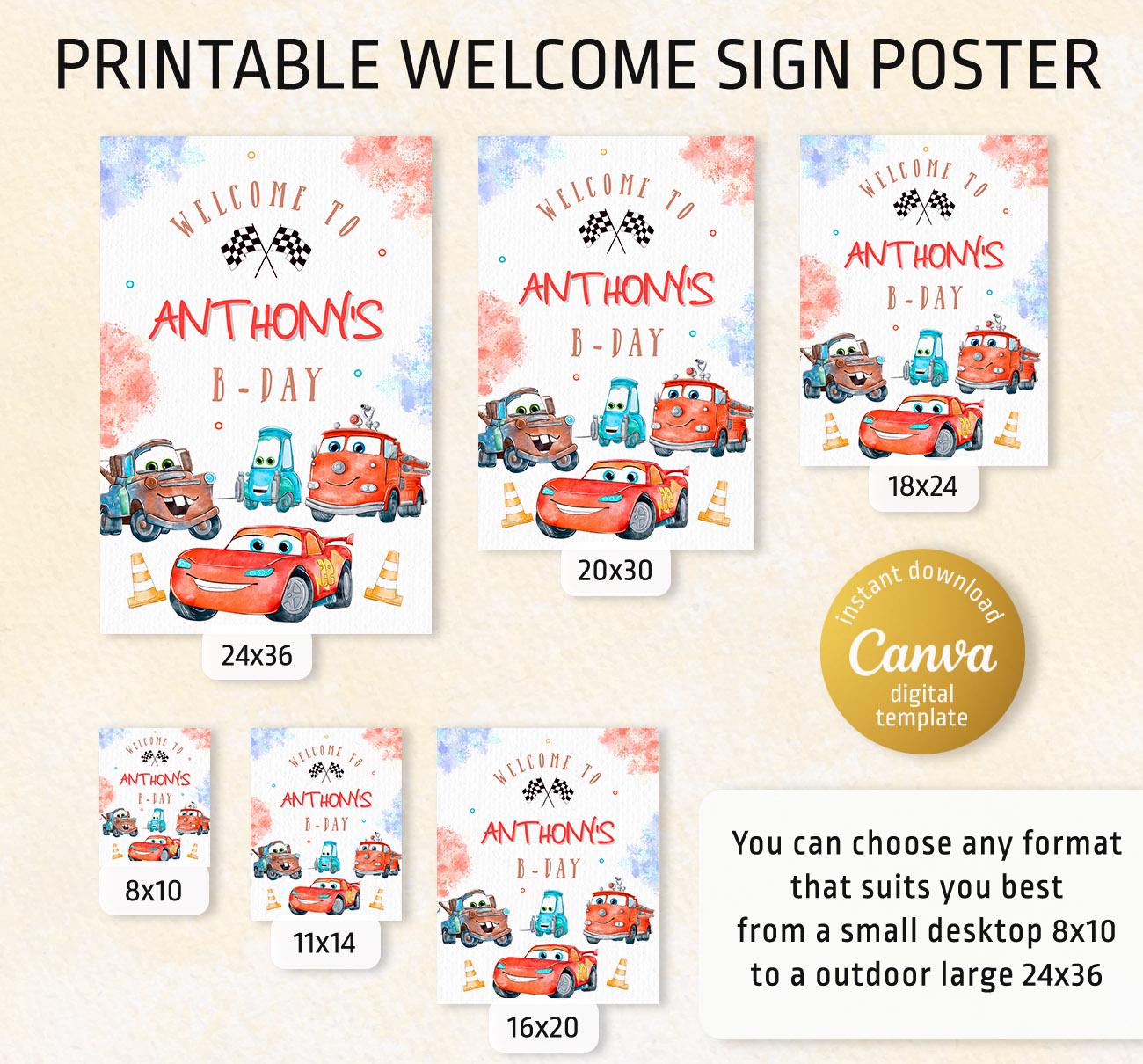 Cars Welcome Sign Template, Printable Birthday Party Lightning Mcqueen ...