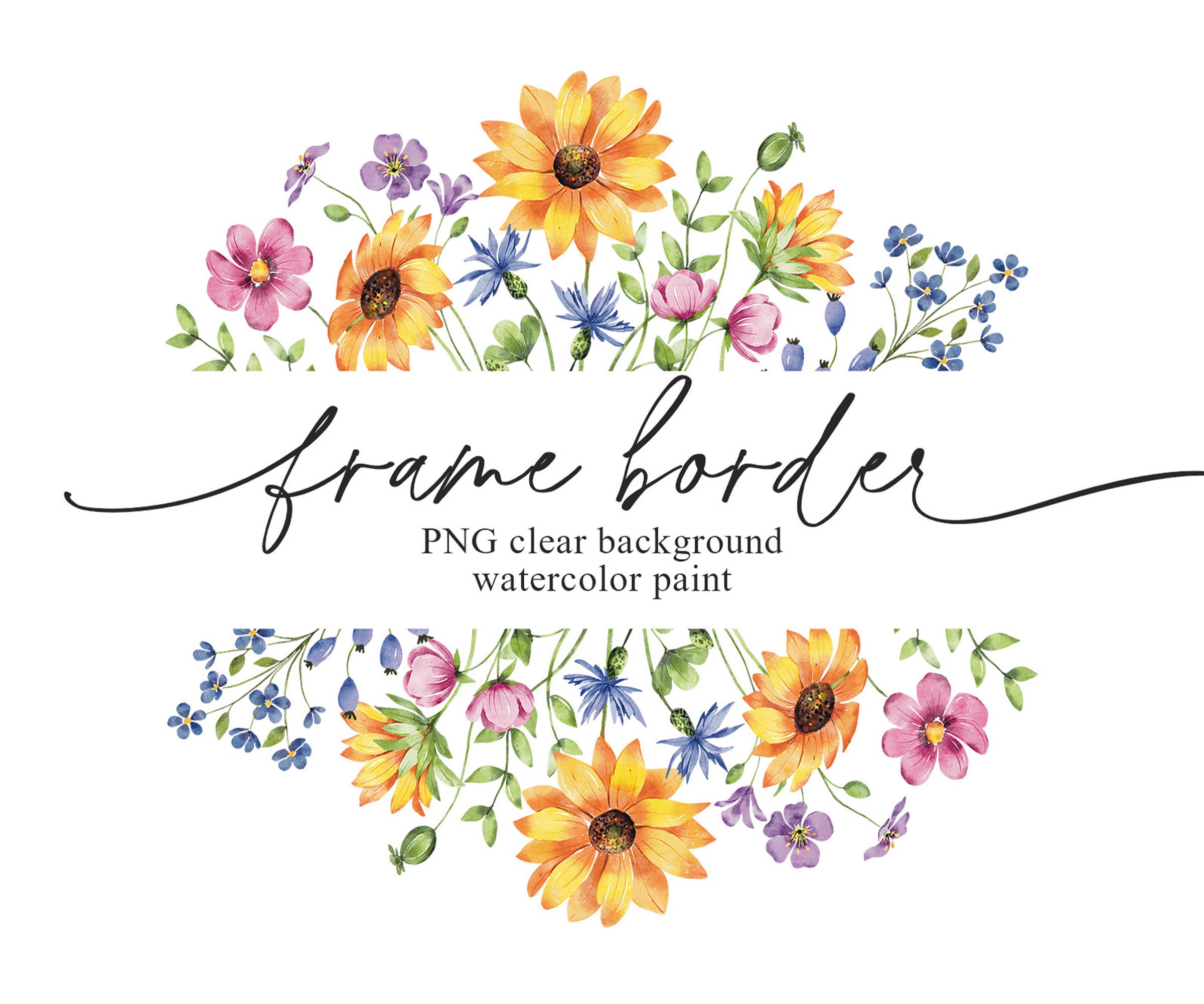 Watercolor Sunflower Frame Border, Floral Clipart, Wildflowers and ...