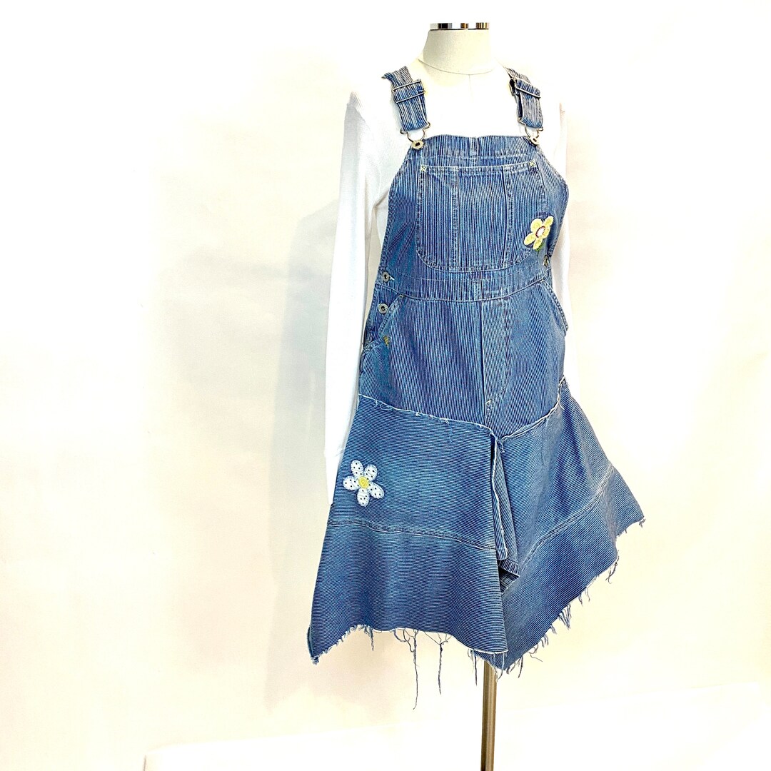 Raw Destroyed Tattered Bibbed Pinstriped Overall Denim Jumper Dress Sz ...