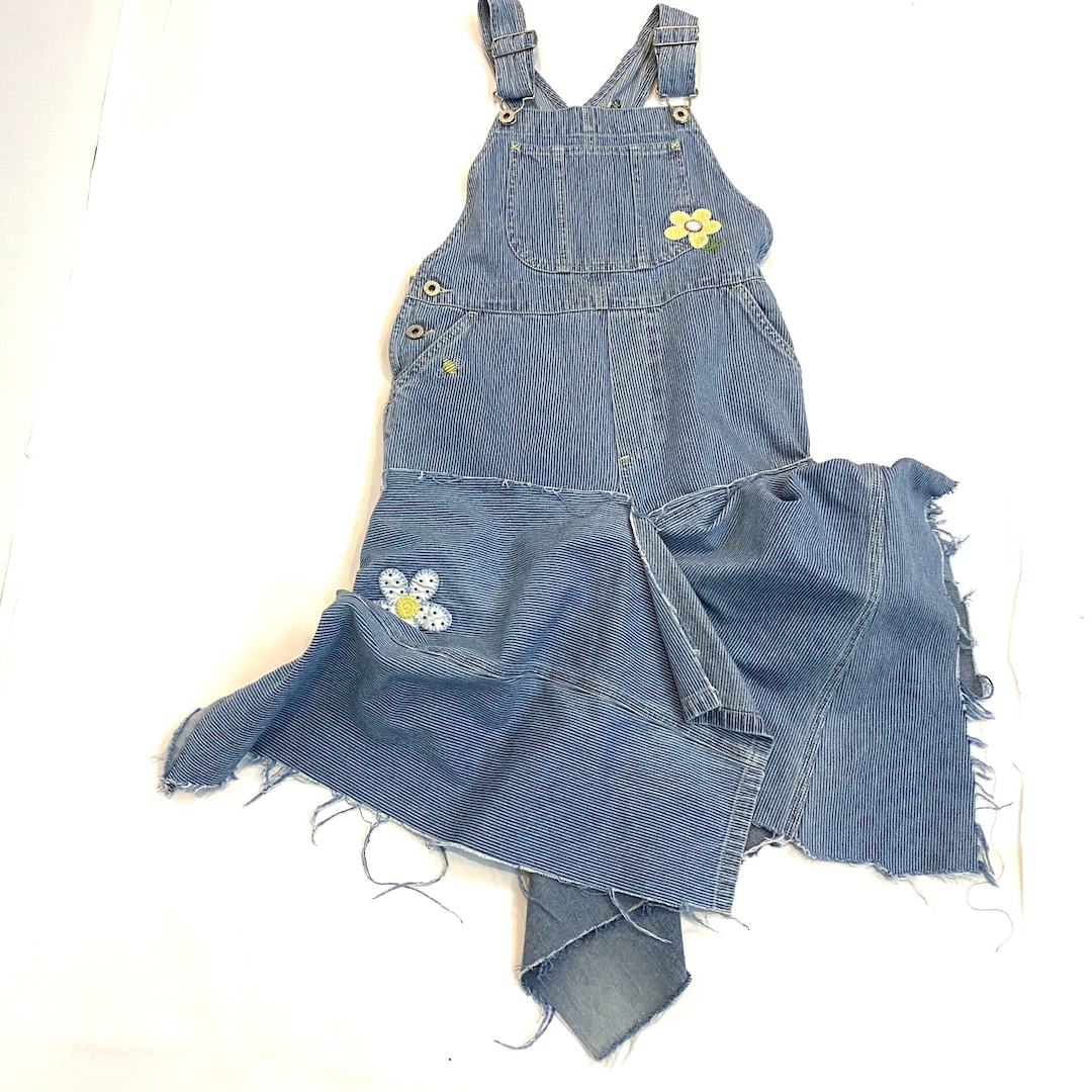 Raw Destroyed Tattered Bibbed Pinstriped Overall Denim Jumper Dress Sz ...