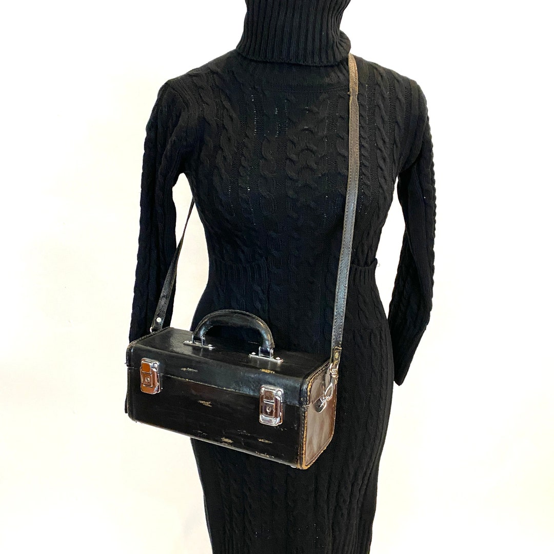 Vintage Distressed Leather Black Box Crossbody Bag - Etsy