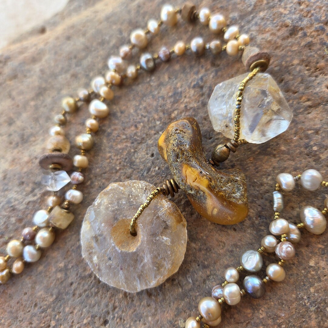 Desert Primitive Crystal Statement Necklace With Ancient Beads, Fossils ...