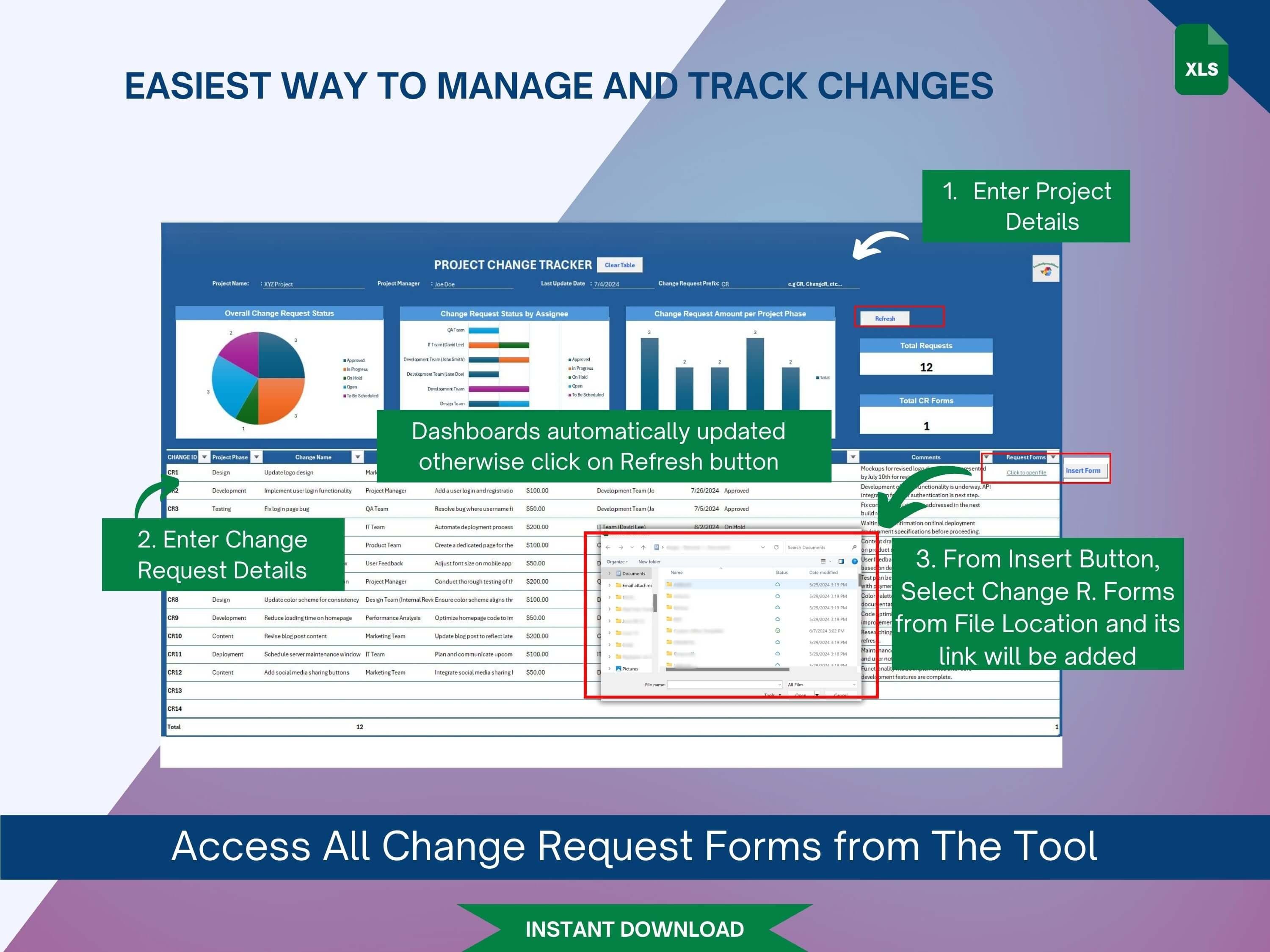 Project Change Management Excel Spreadsheet | Change Tracking Dashboard ...