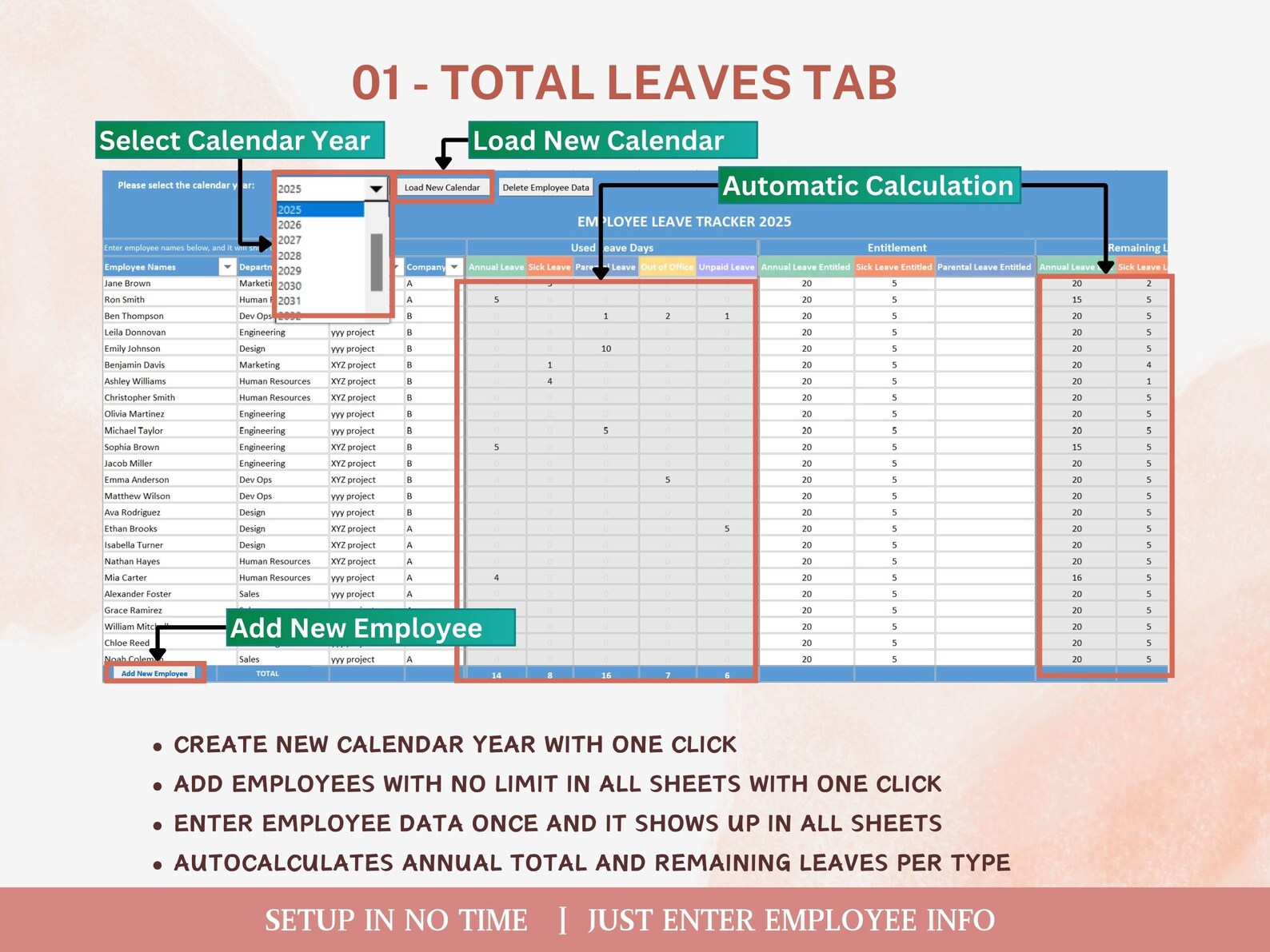 Employee Leave Tracker for Project Management: PTO Planner Excel ...