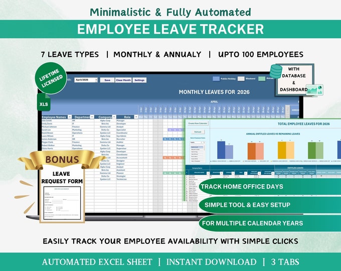 Excel Template Employee Leave of Absence holiday/sick/vacation/pto ...