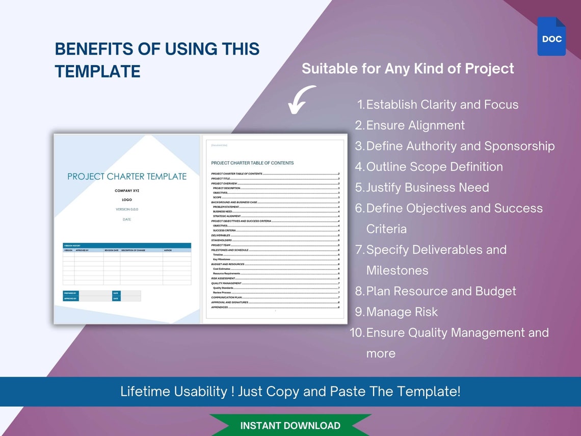Project Charter Template for Project Managers Professional Project Plan ...