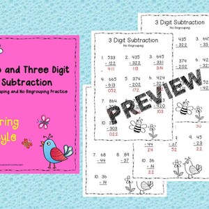 Two and Three Digit Subtraction | Regrouping and No Regrouping | Spring ...