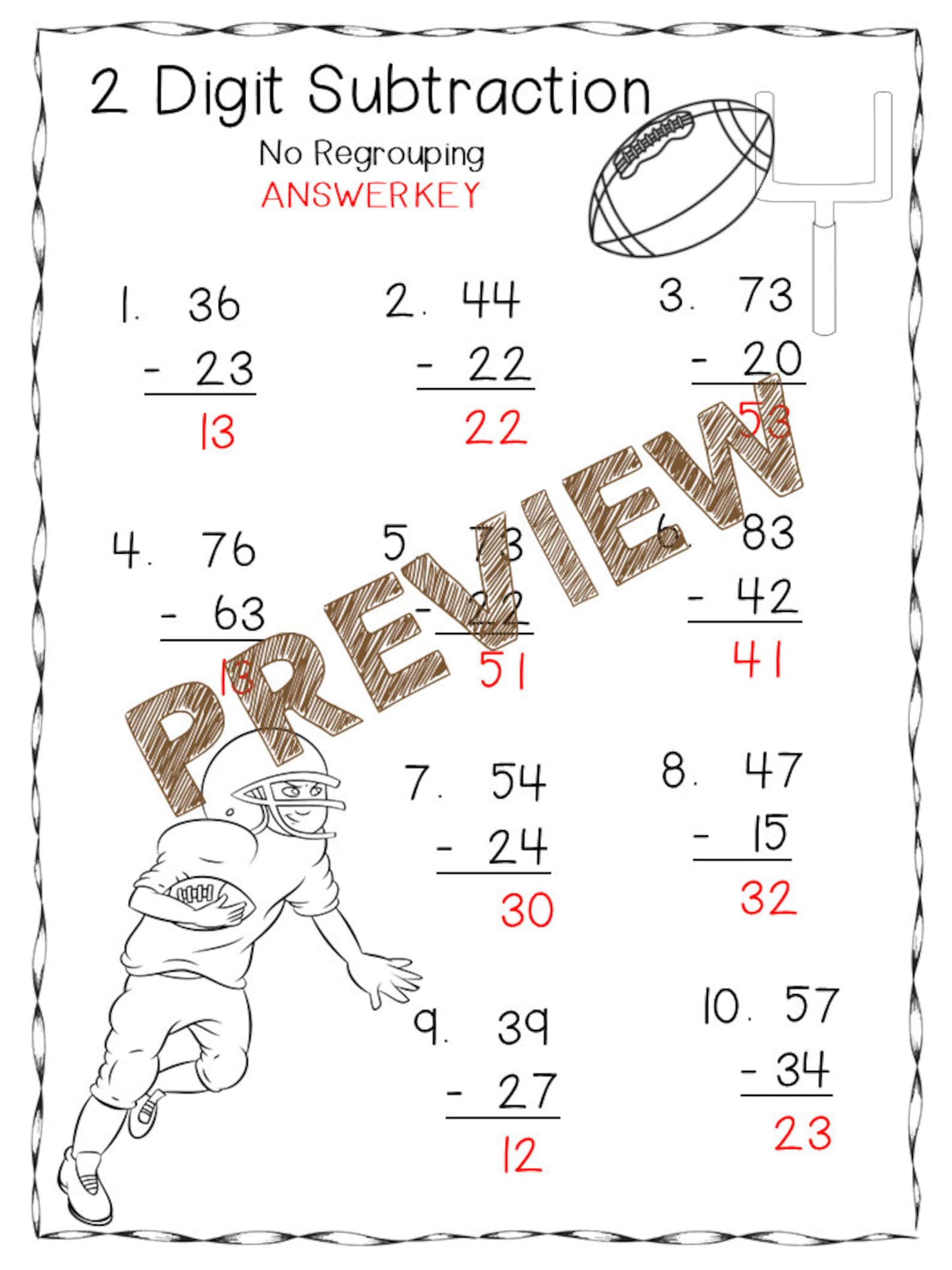 Two and Three Digit Subtraction Regrouping and No Regrouping Football ...