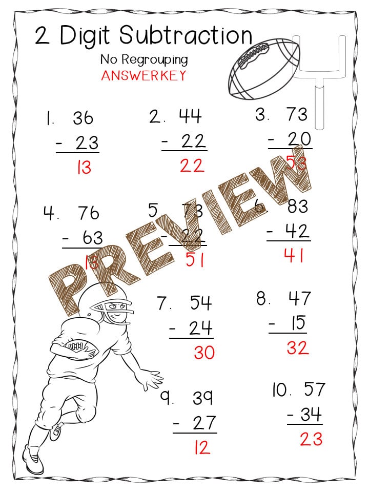 Two and Three Digit Subtraction Regrouping and No Regrouping Football ...