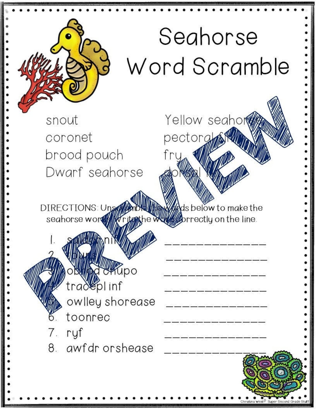 Seahorse Themed Word Activities | 1st – 3rd | Homeschool | Printable ...