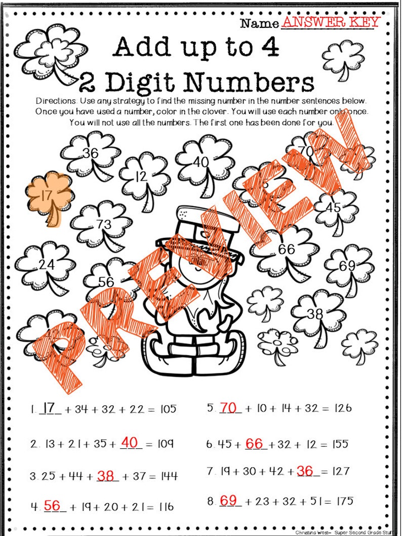 Adding up to 4 Two Digit Numbers | St. Patrick's Day| Addition| 1st ...