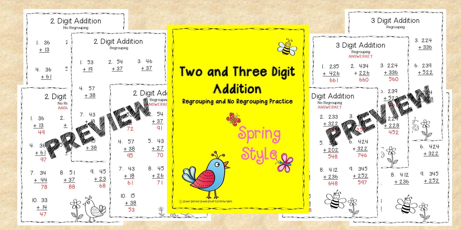 Two and Three Digit Addition | Regrouping and No Regrouping | Spring ...