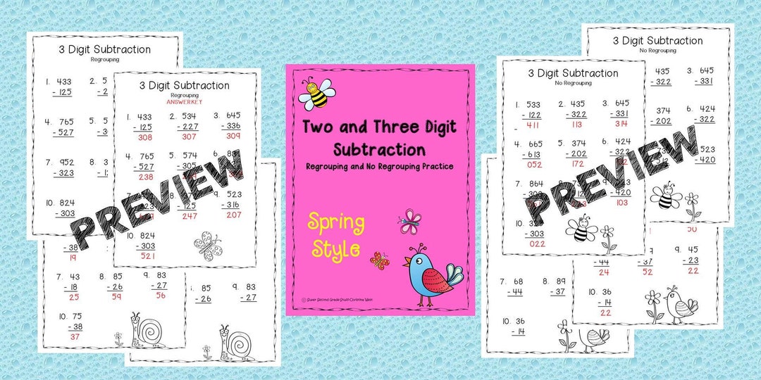 Two and Three Digit Subtraction | Regrouping and No Regrouping | Spring ...