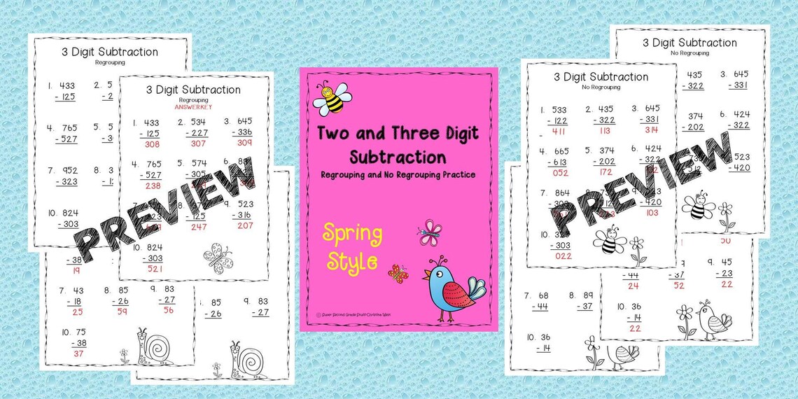 Two and Three Digit Subtraction | Regrouping and No Regrouping | Spring ...