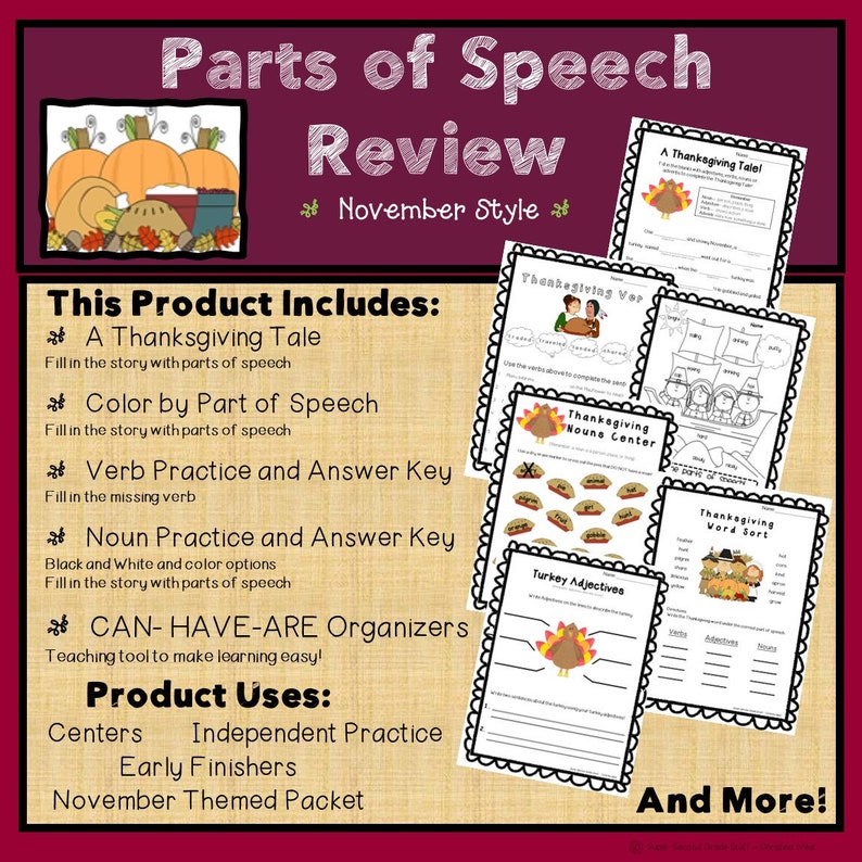 Parts of Speech Practice Worksheets| Thanksgiving| November | 1st – 5th ...