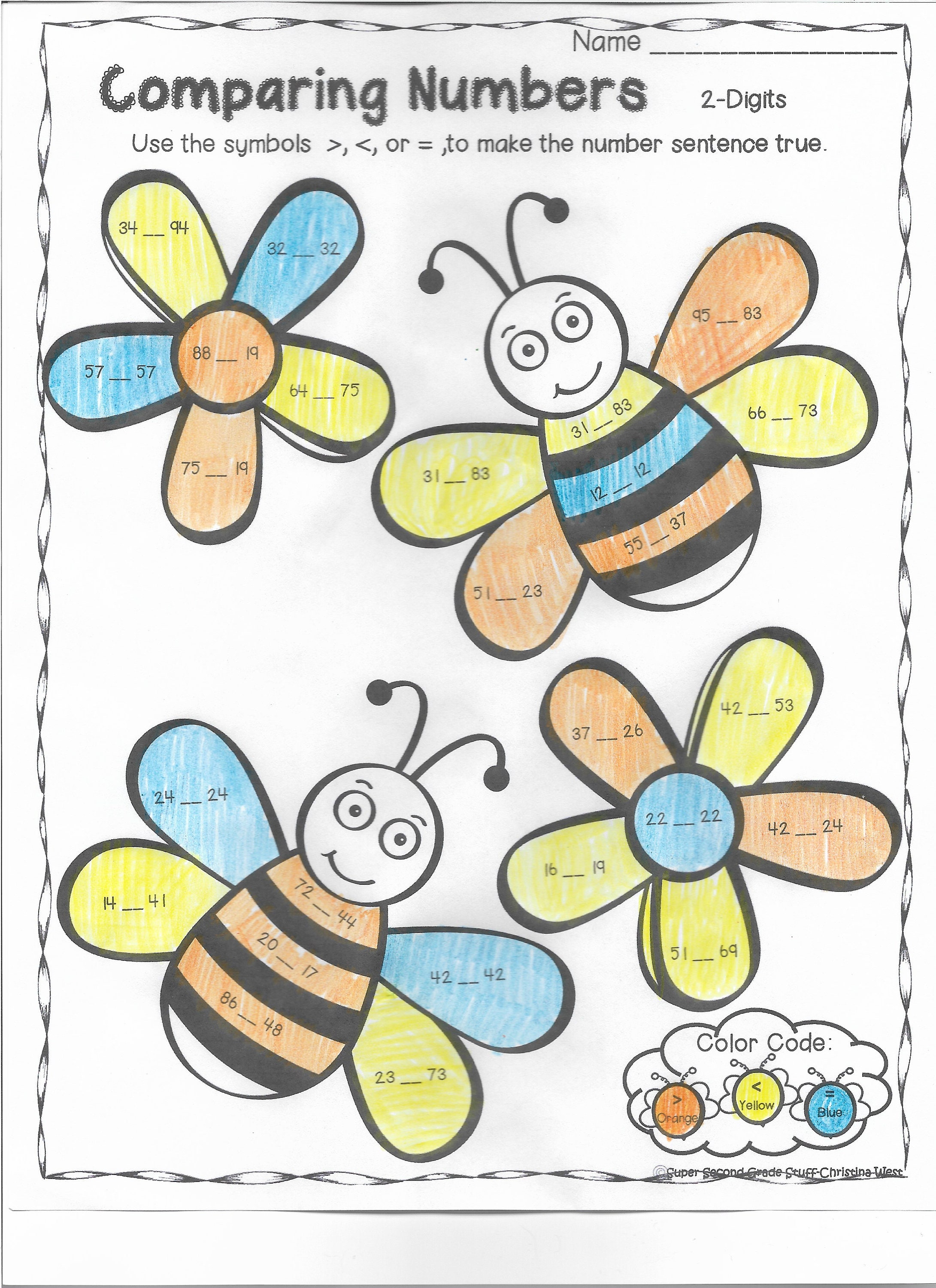 Comparing Two Digit Numbers | Comparison Symbols| Color by Code | Place ...