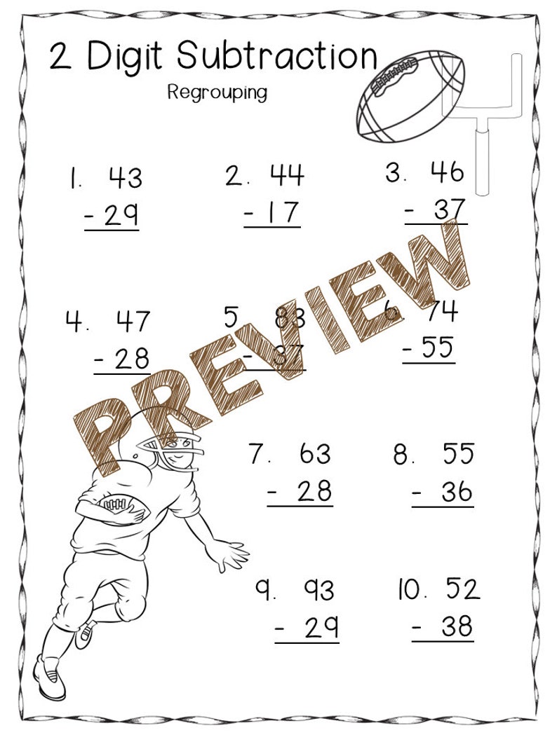 Two and Three Digit Subtraction Regrouping and No Regrouping Football ...