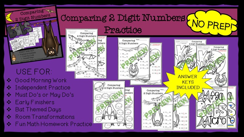 Bat Themed Math Activities | 1st – 3rd | Comparing 2 Digit Numbers ...