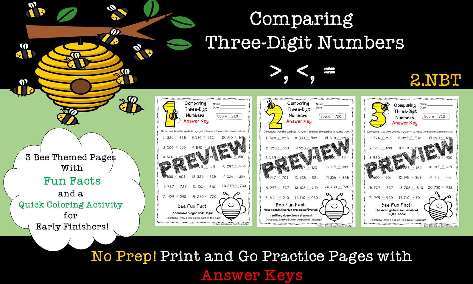 Comparing Three Digit Numbers | Comparison Symbols | Place Value | Bees ...