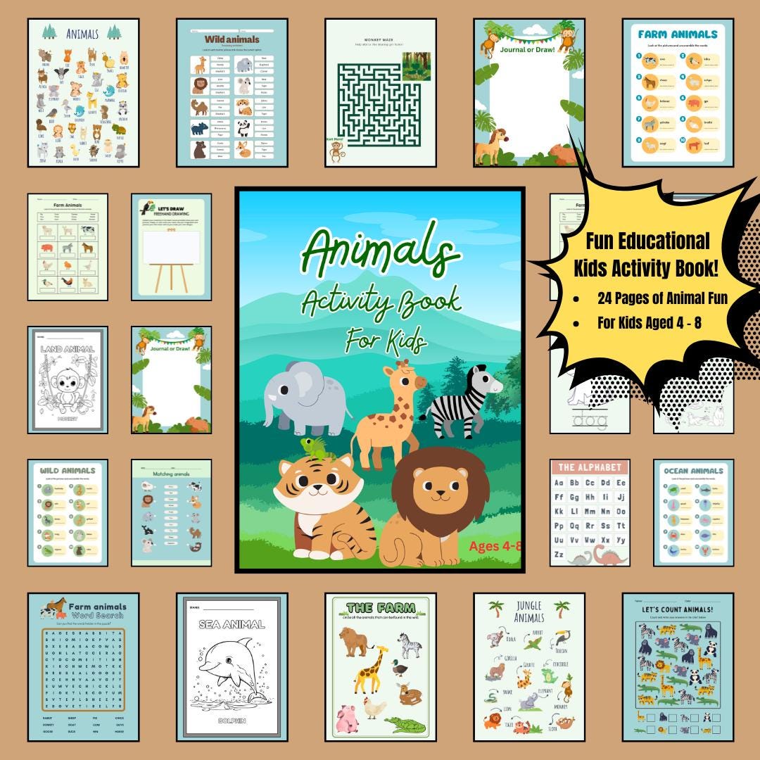 Kids Activity Book Printable Children's Fun Animal Activity Book ...