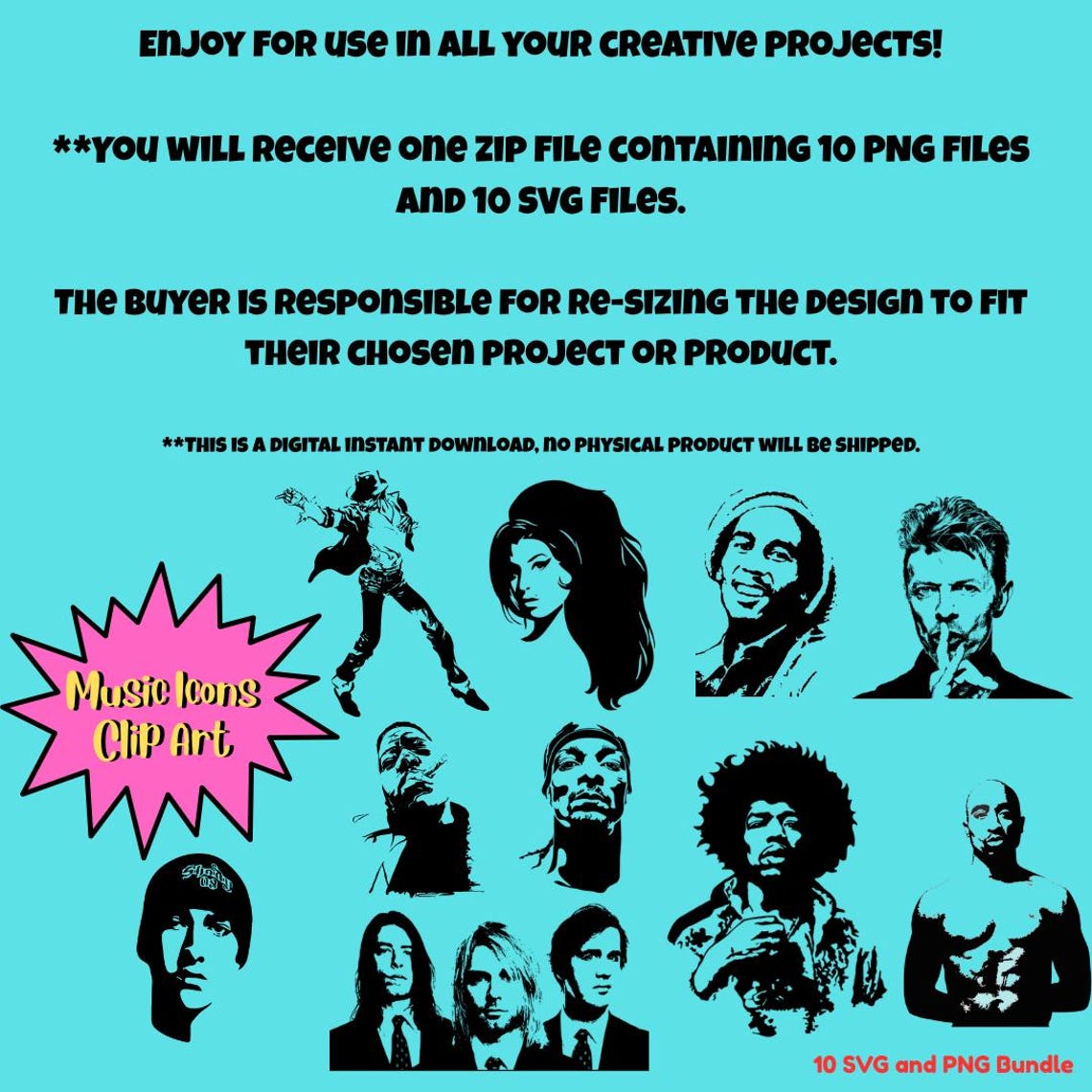 Celebrity SVG Clipart PNG | Music Icons Stencil | Sublimation Graphics ...