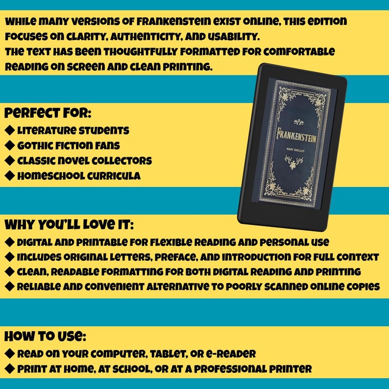 Frankenstein Digital & Printable PDF | Mary Shelley Gothic Novel ...
