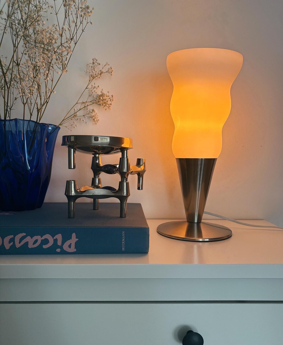 Modern Wavy Table Lamp – Frosted Glass & Silver Base – Y2K Ambient ...
