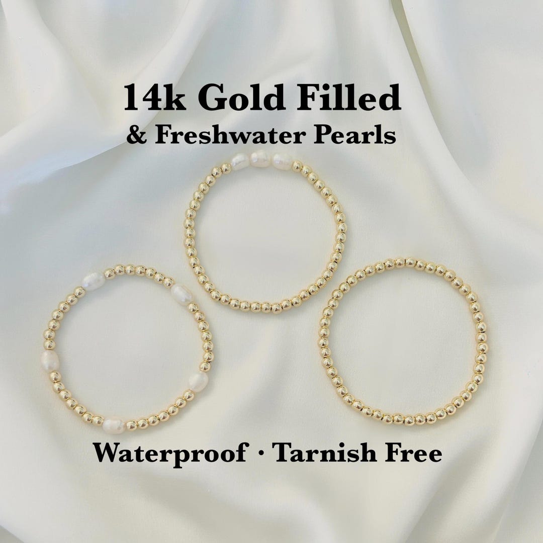 3 Piece 14k Gold Filled & Freshwater Pearls Bracelet Stack, Gold Plated ...