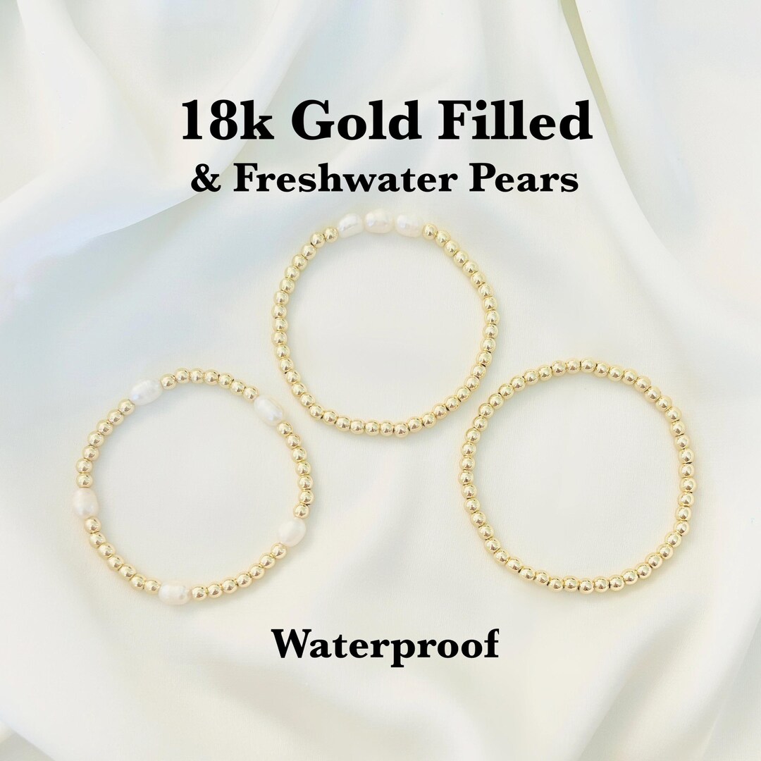 3 Piece 18k Gold Filled & Freshwater Pearls Bracelet Stack, Gold Plated ...