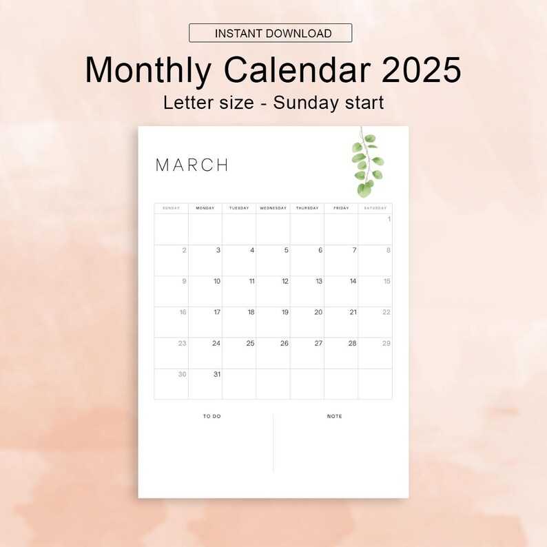 2025 Minimalist Leaf Pattern Calendar 2025 Monthly Sheets Calendar ...